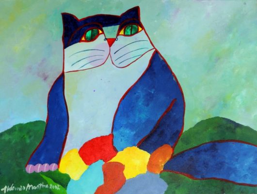Aldemir Martins – Gato Azul com Flores – AST – 60 X 80 cm – Data: 2002 ...